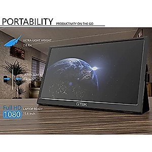 GTEK Portable Monitor 15.8 Inch IPS Full HD 1920 x 1080P Screen with Speaker, Second Dual Computer Display, Wider Than 15.6 Inch, External Travel Monitor for MacBook Laptop PC, Includes Smart Cover