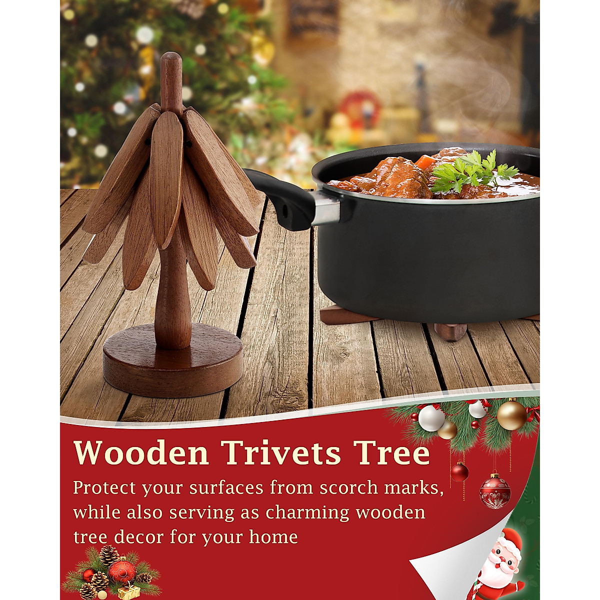 Wooden Tree Coasters with Holder, Wooden Trivets for Hot Dishes Decorative Christmas Tree Shape Includes 3 Pcs Hot Plate Mats, Tree Trivets for Hot Pots and Pans, Hot Pads for Countertop, Sapele