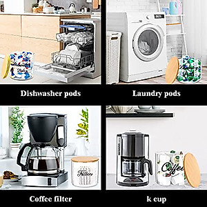 Laundry Pods Holder Container, 3Qt Big Glass Storage Container with Wood Lid, Stackable Large Clear Glass Jar Organizer Canister for Laundry Room Holds 81 Laundry Pods, 4 Label Sticker