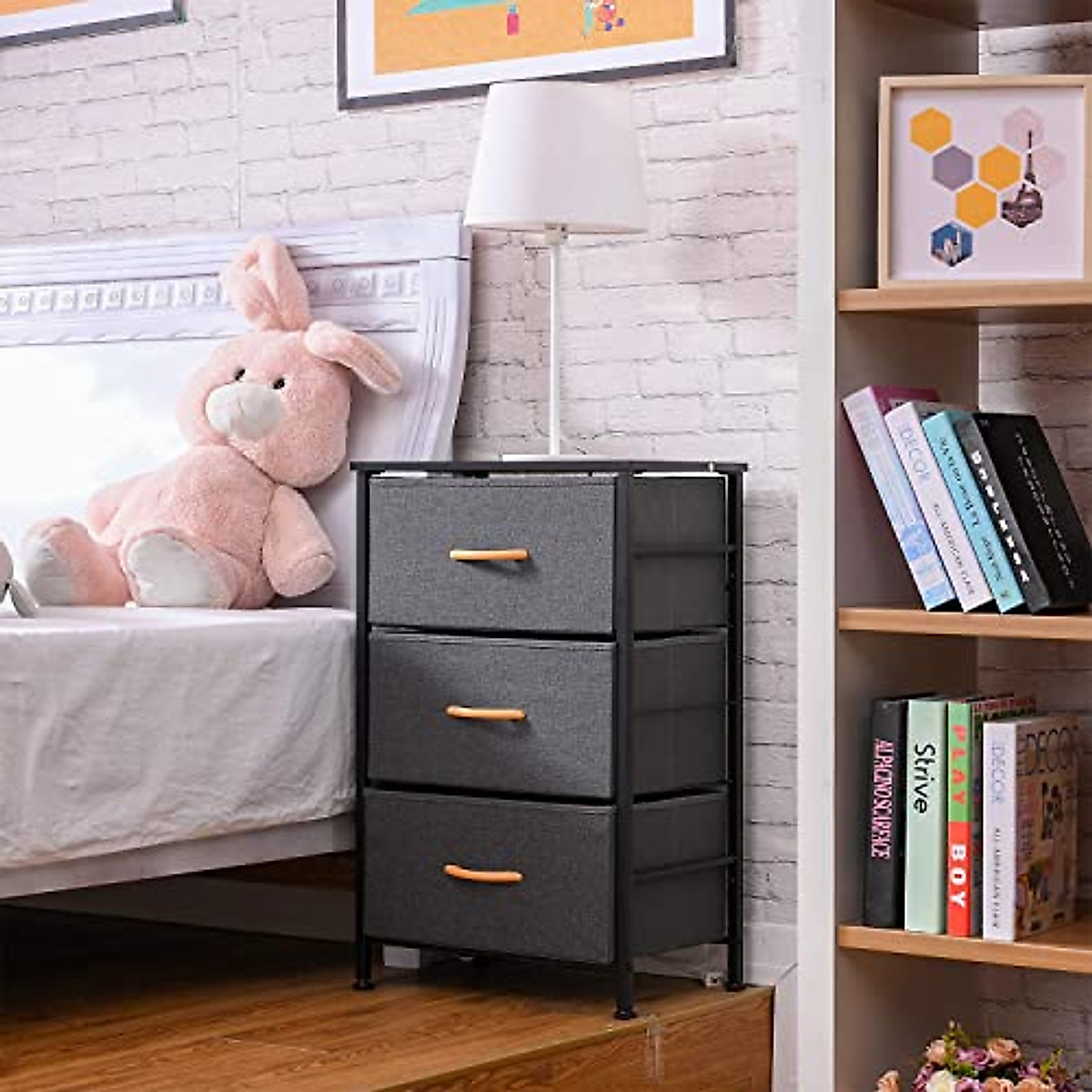 ROMOON Nightstand Chest with 3 Fabric Drawers, Bedside Furniture,Lightweight Accent Table, Storage Drawer Unit with Wood Top Fabric Bins for Bedroom, College Dorm, Closets,Nursery - Dark Gray