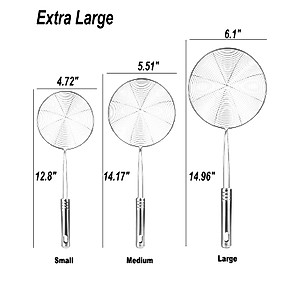 Enhanced Version Stainless Steel Spider Strainer Skimmer Ladle, Set of 3 Sizes Kitchen Strainer Spoon for Cooking and Frying, Pasta Strainer, Food Preparation-32.5cm, 36cm, 38cm