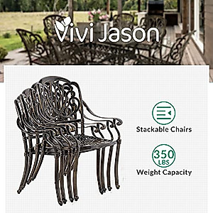 VIVIJASON 7 Pieces Cast Aluminum Outdoor Furniture Dining Set, Include 6 Chairs and a Rectangle Table with 2" Umbrella Hole, Patio Conversation Set for Lawn Garden Porch