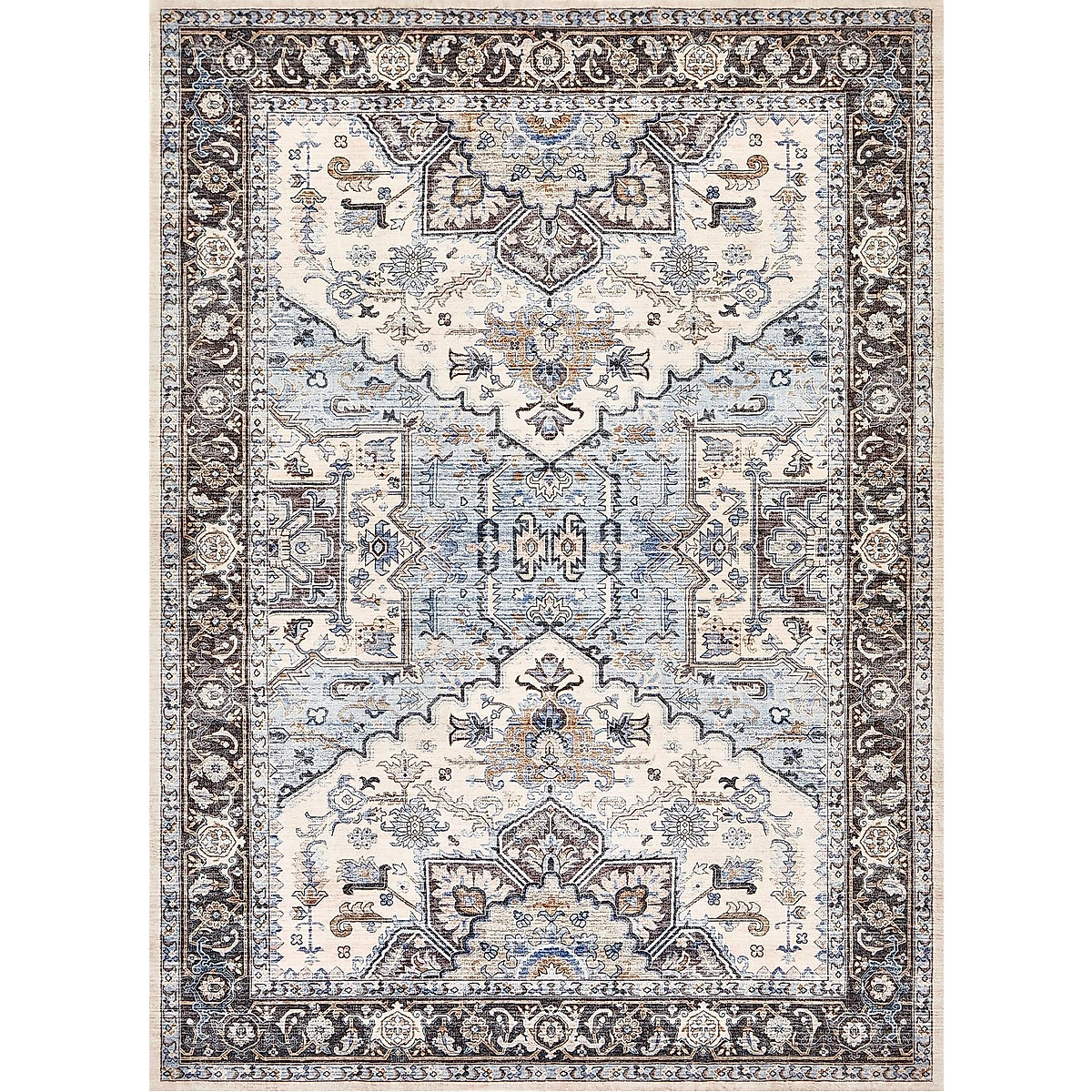 Area Rug Living Room Rugs - 8x10 Soft Machine Washable Oriental Persian Floral Distressed Rug Large Indoor Floor Carpet for Bedroom Under Dining Table Home Office Decor - Cream Blue