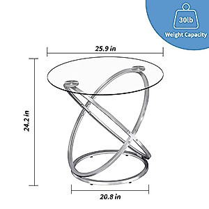 OIOG Glass Round End Table, Living Room Side Table for Small Space, Modern End Table with Tempered Glass Tabletop, Contemporary Side End Table, Chrome Finish