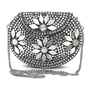 Trend Overseas Silver metal Beaded Ethnic purse Girls Bridal Bag cross body bag for women/Girl party clutch Metal clutches Vintage Brass