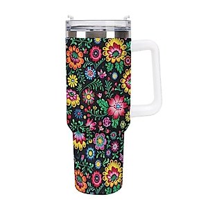 Polish Folk Art Floral Pattern 40OZ Tumbler Stainless Steel Travel Mug Water Bottle Car Cup Tea Cups with Lid White-style