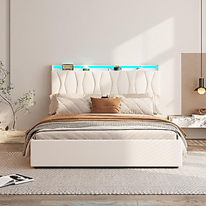 Queen Size Lift Up Storage Bed Frame with Adjustable Headboard, Charging Station, LED Lights, Wood Slats, Noise-Free, No Box Spring Needed, Beige