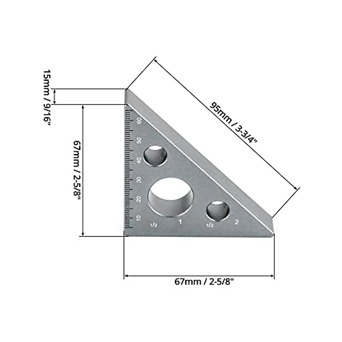 QWORK Aluminum Alloy 45 Degree Angle Ruler, Woodworking Carpenter Imperial Metric Square Triangle Ruler Angle Measurement Workshop Measurement Tool