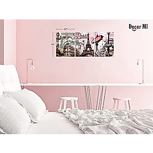 Decor MI Paris Canvas Wall Art Pink Eiffel Tower Paris Decor for Bedroom Canvas Print Wall Art Girls Romantic French Cityscape Framed Print Oil Paintings Living Room Bathroom Kitchen 12x16inch 3 Piece
