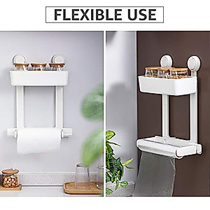 LEVERLOC Suction Shower Caddy With Paper Towel Holder, Bathroom Shower Basket Wall Mounted Shower Organizer for Shampoo, Facial Cleanser, Hand Sanitizer, Shower Rack for Kitchen & Bathroom, Drill-Free