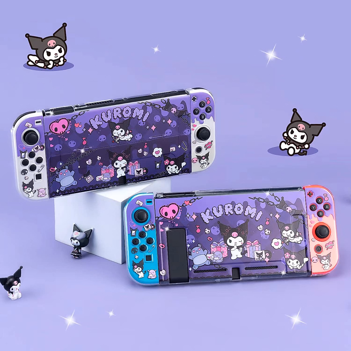 Eamily Cute Kuromi Case Compatible with Nintendo Switch OLED, Dockable Case Cover, Ergonomic Soft TPU Grip Case for Joycon, Sparkle Skin Set