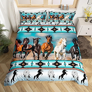 Aztec Duvet Cover African Tribal Horse Printed Bedding Set,Farm Animals Comforter Cover Ethnic Tribe Arrow Dream Catcher Queen Bed Set,Southwest Native Exotic Nordic Style Room Decor