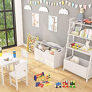 Timy Wooden Toy Box with Bench Seat, Toy Storage Chest with 2 Reversible Baskets and Safety Hinge for Kids, White