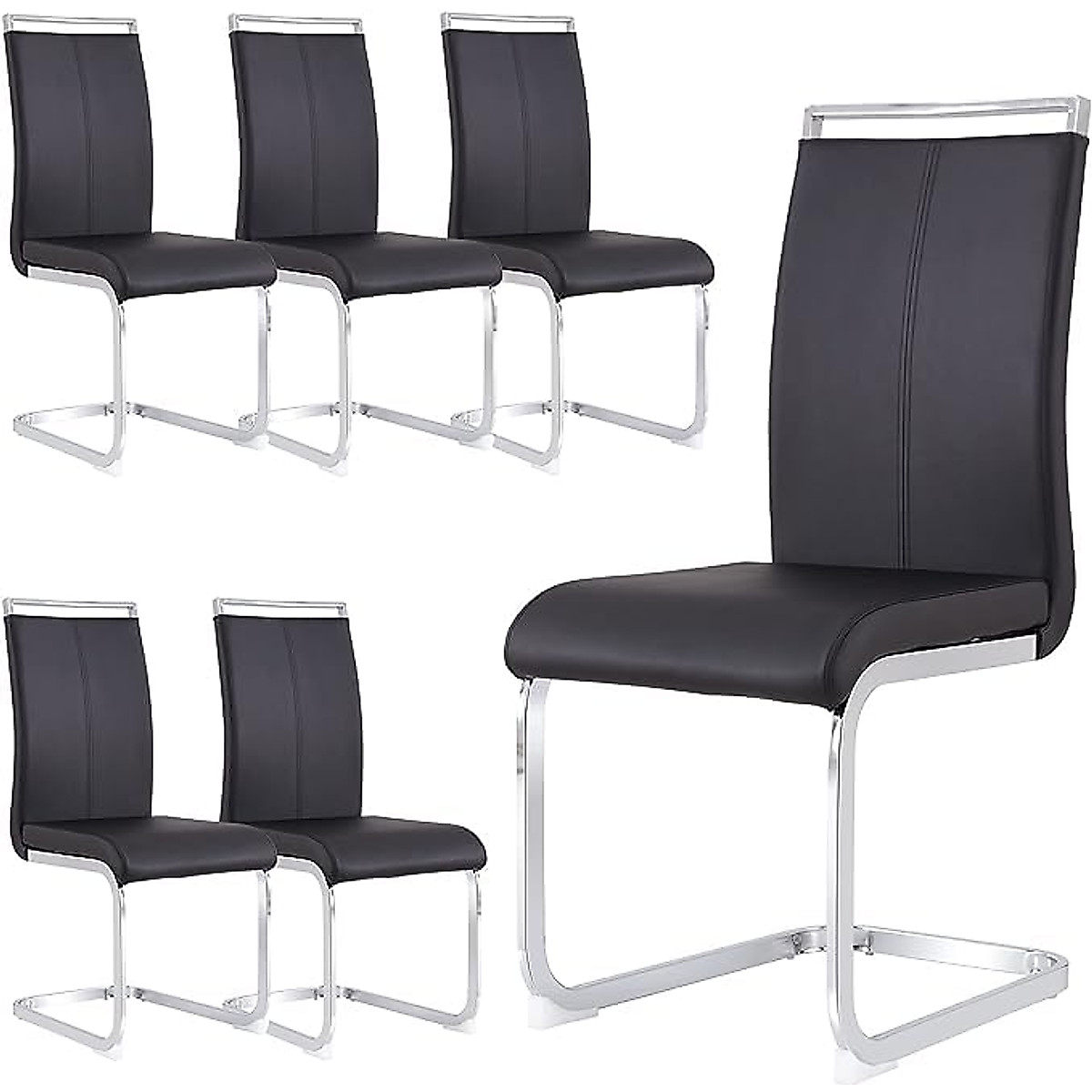 Btikita Modern Dining Chairs Set of 6, Faux Leather High Back Side Chairs Stylish Armless Chair with C-Shaped Tube Chrome Metal Legs for Dining Room Kitchen Office (Set of 6, Light Grey)