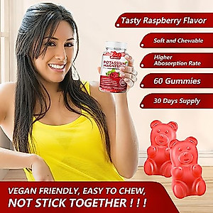 Potassium Magnesium Supplement Gummies for Adults Kids, Sugar-Free Potassium Citrate Gummies Supports Leg Cramps & Muscle & Heart Health, Vegan Magnesium Glycinate Gummies Raspberry Flavor 60 Cts