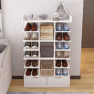 BURENMTO Shoe Rack Shoe Organizer Shoe Storage, 6 Tiers Wooden Shoe Rack for Entryway Shoe Organizer for Closet Holds 15 Pairs Shoes Space Saving Shoe Shelf Stand with 2 Drawers