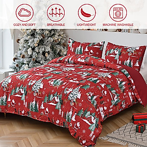 Dinjoy Christmas Red Duvet Cover Set King Size, 3 Piece Father Christmas Xmas Trees Snowman, Soft Microfiber King Duvet Cover Set for All Seasons
