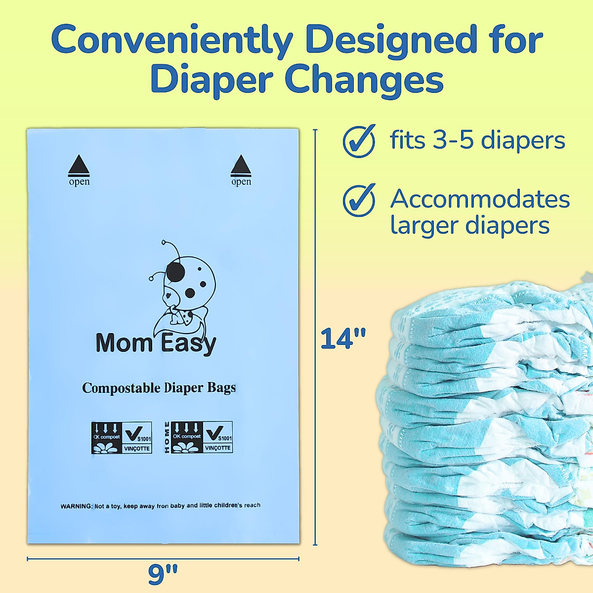 MOM EASY Compostable Diaper Disposable Bags With Dispenser, 120 Counts Baby Diaper Bags Dispenser, Diaper Bags Refill, Diaper Garbage Bags, Baby Disposable Diaper Sacks