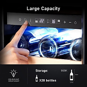 WINEBOSS 15" Wine Cooler Refrigerator, 28 Bottle Seamless Stainless Steel Built-in Freestanding Wine Fridge Double-Layer Tempered Glass Door with Lock, Under Counter Wine Cellar