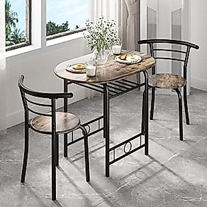 JUMMICO 3 Pieces Dining Set for 2 Small Kitchen Breakfast Table Set Space Saving Wooden Chairs and Table Set for Apartment Dining Room with Metal Frame and Wine Rack,Walnut
