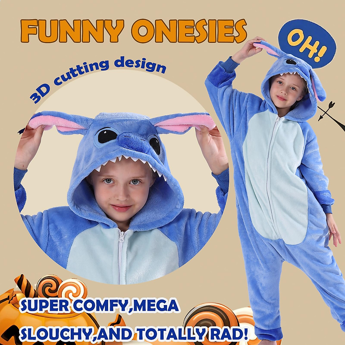 SWEETXIN Kids Unise Onesie Pajamas Plush One Piece Halloween Costume Cosplay Sleepwear for Girls Boys (5 Years,Blue Stitch)