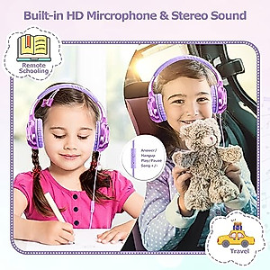 QearFun Headphones for Girls Kids for School, Kids Wired Headphones with Microphone & 3.5mm Jack, Teens Noise Cancelling Headphone with Adjustable Headband for Tablet/Smartphones-Gradient Light purple