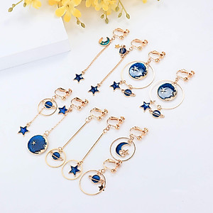 SAILIMUE 5Pairs Clip on Earrings Dangle Set for Women Teen Girls Cute Moon and Star Earrings Non Pierced Ear Clip Saturn Earrings