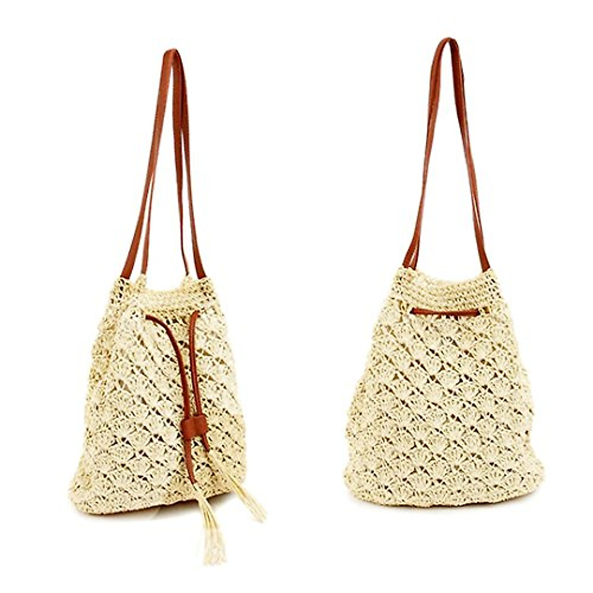CLARA Women Summer Beach Bag Straw Weave Bucket Bag Drawstring Shoulder Bag Tote Bag Handbag Purse(Beige)