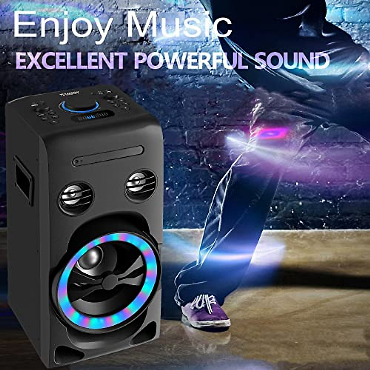 Home Stereo System CD/DVD Player, Bluetooth Party Speaker with Karaoke MIC Ports x 2, Floorstanding Soundsystem with LED Lightshow, Bass/Echo Adjustable