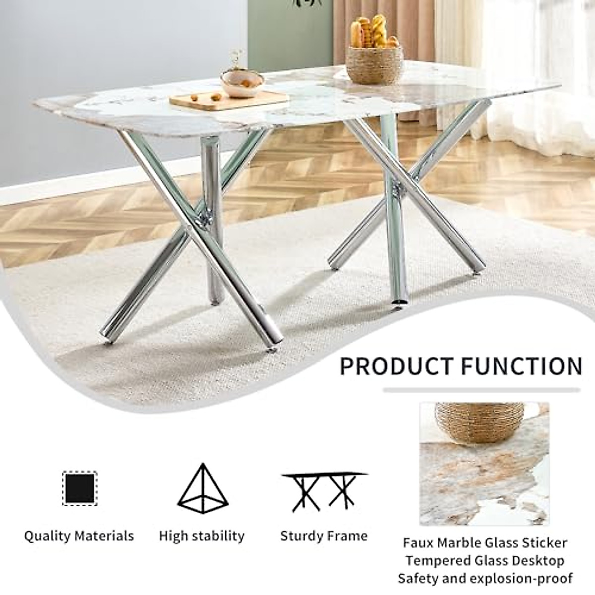 FURNITO 71" Glass Dining Table for 6-8, Faux Marble Glass White Desktop 0.39" and Sliver Metal Legs, Ideal for Living Room and Dining Room (1 Table (White))