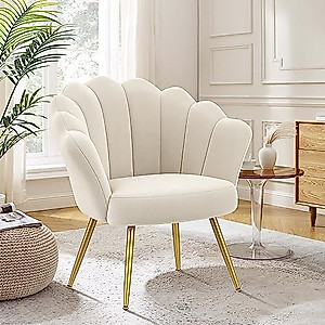 Alunaune Mid Century Velvet Living Room Chair Accent Chairs, Upholstered Vanity Chair for Makeup Room, Modern Barrel Arm Chair Guest Leisure Chair Comfy for Bedroom-Ivory