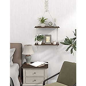 Sonefreiy Rustic Hanging Shelves 2 Tier White Rope Brown Wood Floating Shelf Window Plant Shelves for Bathroom Bedroom Living Room