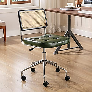 Zesthouse Mid Century Home Office Chair Leather Desk Chair with Rattan Back, Vanity Chair for Girl Women, Upholstered Tufted Swivel Chair for Bedroom Living Room,Height Adjustable Computer Task Chair