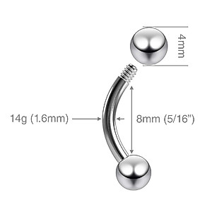 4pc Curved Barbell 14g J Curve Banana Earrings Ring Daith Eyebrow Helix 16 Gauage Surgical Steel 6mm