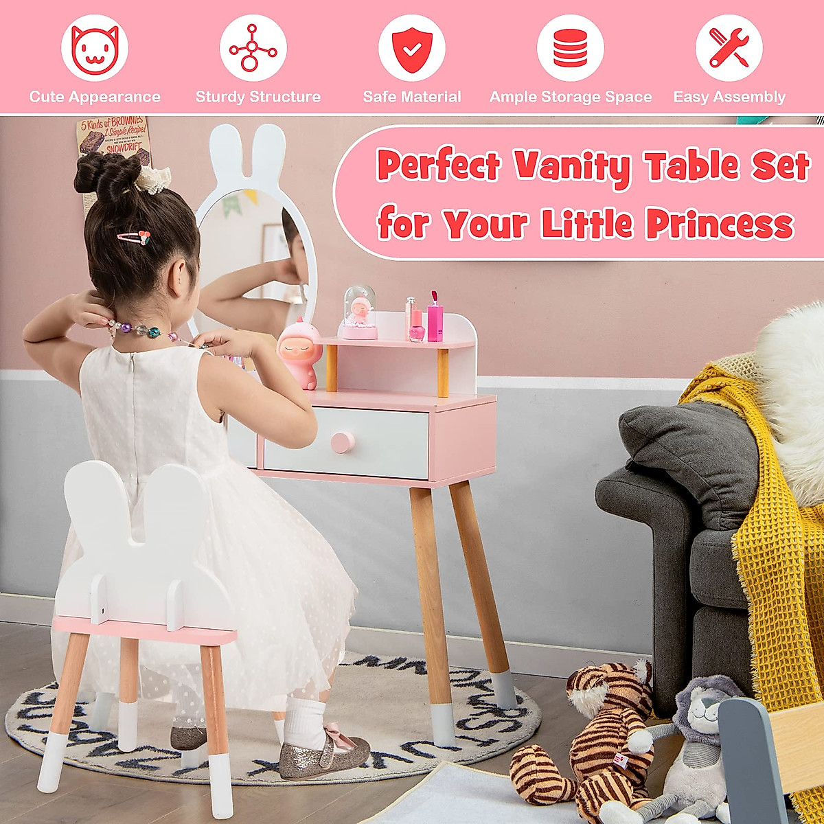FIREFLOWERY Kids Vanity, Kids Vanity Table and Chair Set with Mirror & Storage Shelf, Princess Dressing Table, Toddler Makeup Vanity, Girls Vanity with 2 Large Drawers (White)