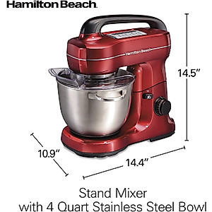 Hamilton Beach Electric Stand Mixer, 4 Quarts, Dough Hook, Flat Beater Attachments, Splash Guard 7 Speeds with Whisk, Red