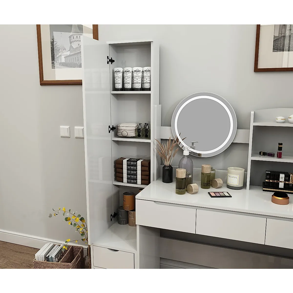 63" Makeup Vanity Desk with 3-Color Adjustable Touch Light,Wooden Mass Storage Vanity Mirror with 5 Drawers for Women Girls White