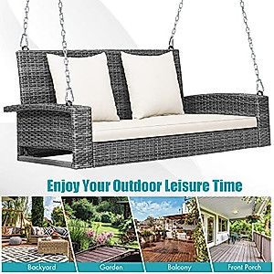 RELAX4LIFE 2-Person Porch Swing Bench - PE Rattan Outdoor Swing Chair with Comfortable Seat & Back Cushions, Rustproof Metal Chains, Patio Loveseat Swing for Balcony, Garden, Yard, 800 LBS (Off White)