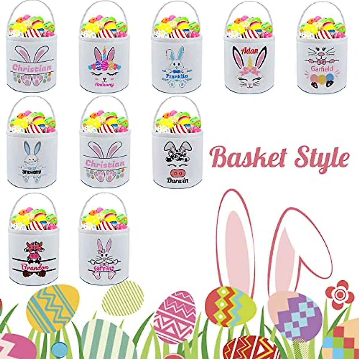 Personalized Easter Basket Custom with Name Customized Candy Egg Easter Buny Tote Bags Carry for Girls Boys Happy Easter Gift Decorations