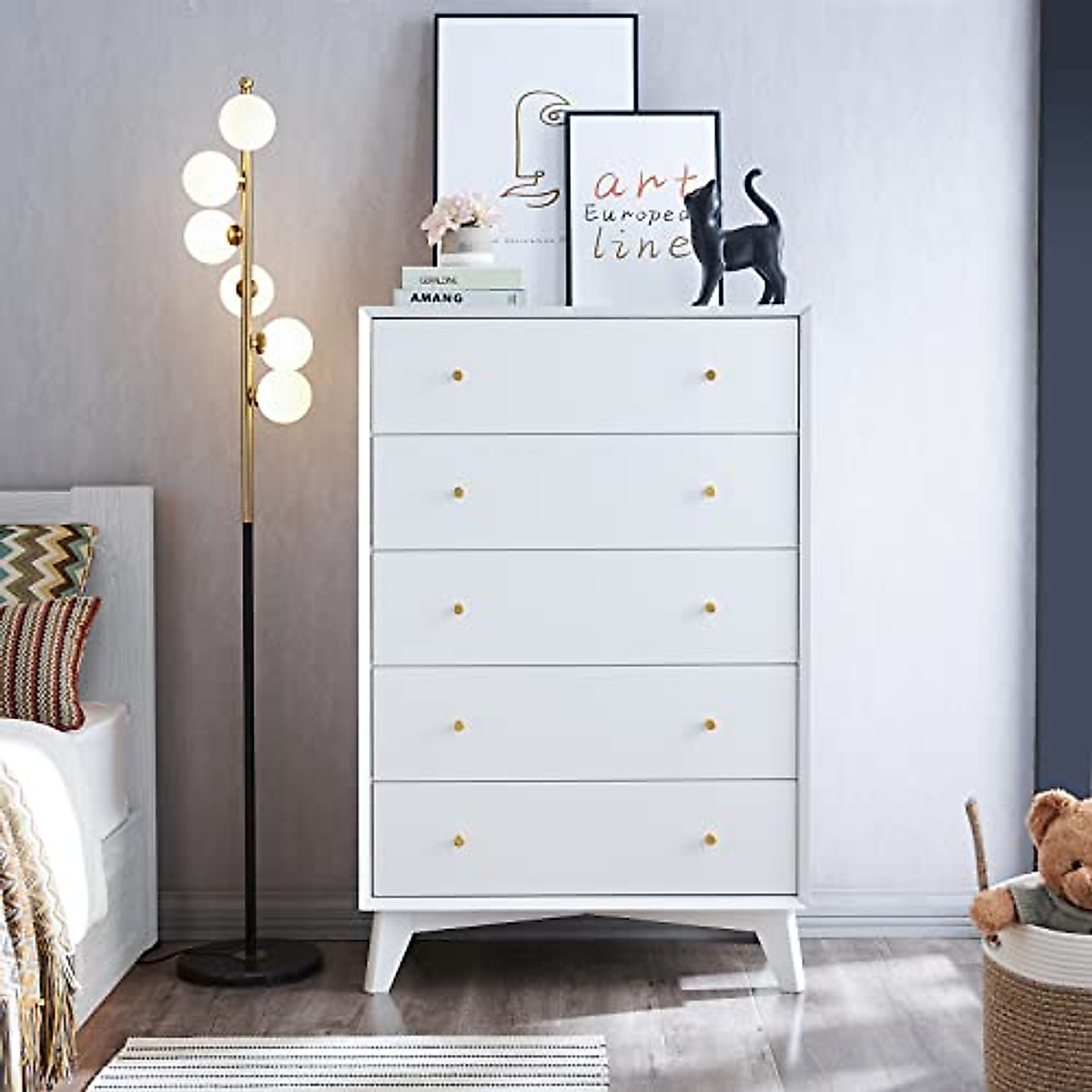 T4TREAM 5 Drawer Dresser for Bedroom, 48" Tall Mid-Century Modern Chest of Drawers, Beveled Profile Design, Wood Drawer Organizer for Bedroom, Living Room, Hallway and Entryway, Solid White