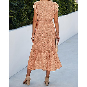 BTFBM Women Summer Bohemian Floral Casual Wrap V Neck Ruffle Cap Sleeveless Belt A-Line Pleated Hem Swing Midi Sun Dress (Coffee, Large)