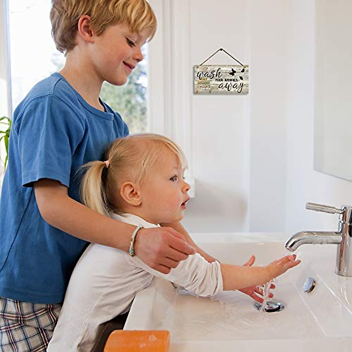 Bathroom Picture Wall Decor Printed Wood Plaque Sign - Wash Your Worries Away - Bathroom Decor Wall Arts Size 11.5" x 6"