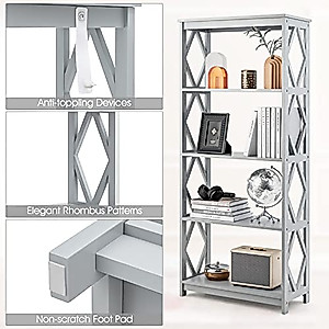 Giantex 5-Tier 61" Tall Wooden Bookshelf - Modern Freestanding Open Shelving Storage Display Shelf with Anti-toppling Device, Easy Assembly Bookcase Shelf Rack for Bedroom, Living Room, Grey