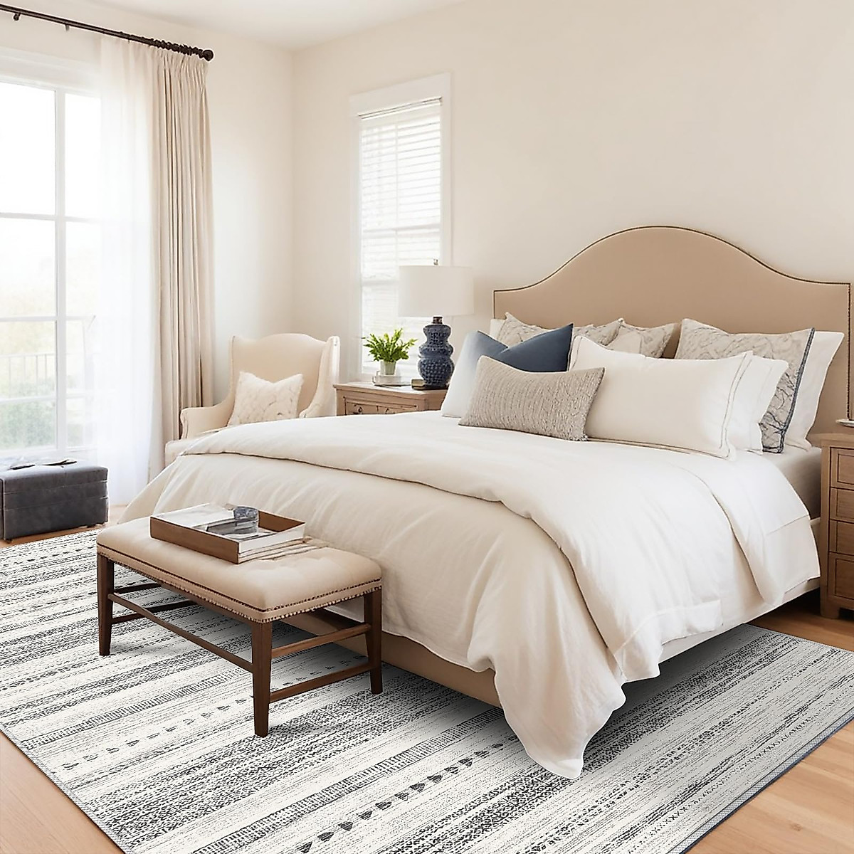 EISUROM Moroccan 8x10 Area Rug: Soft Ultra Thin Machine Washable Farmhouse Area Rugs for Living Room Non-Slip Neutral Modern Geometric Indoor Floor Carpet for Bedroom Under Dinning Table Beige/Grey