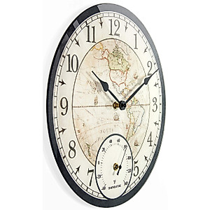 Infinity Instruments Orbis Indoor Outdoor Wall Clock and Thermometer, Traditional World Map Face with Modern Tempered Glass Design, 14 inch, Black