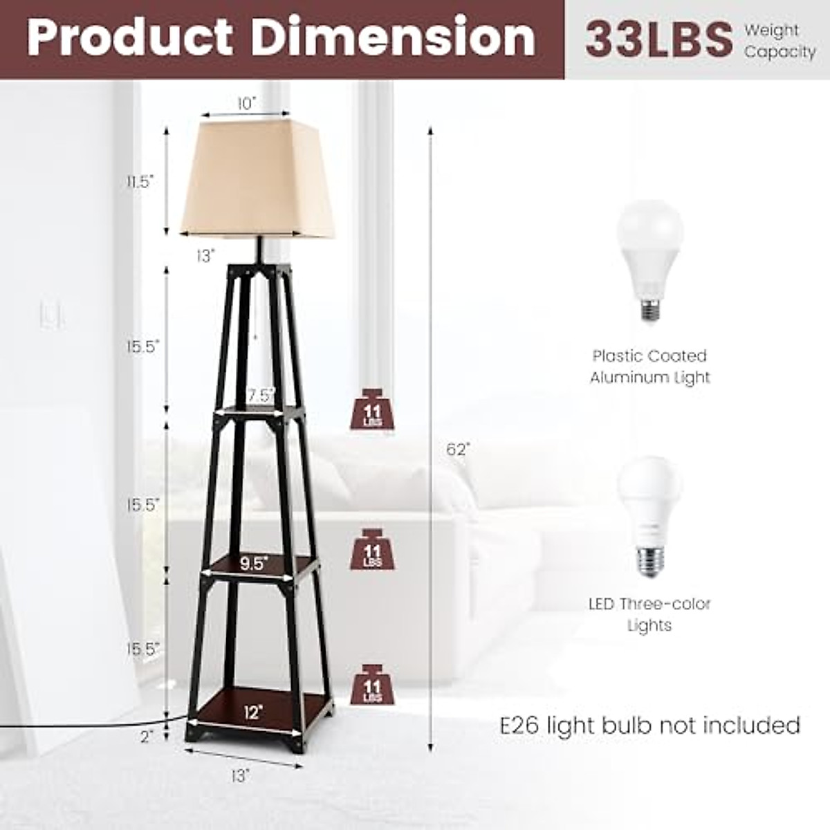 Tangkula Shelf Floor Lamp, Modern Wood Square Standing Lamp with 3 Tiers Shelves and Linen Shade, Stable Trapezoidal Design, E26 Lamp Base, 62" Tall Metal Frame Shelf Lamp for Living Study Bedroom