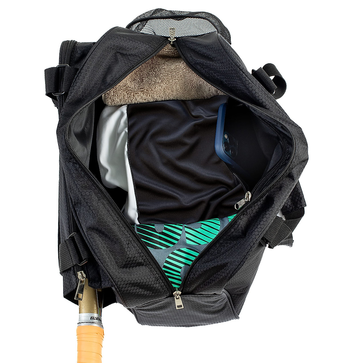 Thorza Pickleball Bag with Front Paddle Pocket, Large Mesh Pockets for Water Bottles and Gear, Storage for Clothes and Sports Equipment, Long Shoulder Sling, Classic Black, Men and Women