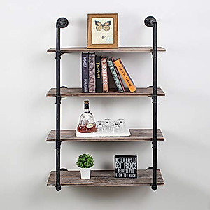 Industrial Pipe Floating Shelves,4 Tiers Wall Mount Bookshelf,30in Rustic Wall Shelves,DIY Storage Shelving Wall Shelf,Rustic Wall Shelving Unit,Wall Book Shelf for Home Organizer,Black Brushed Silver