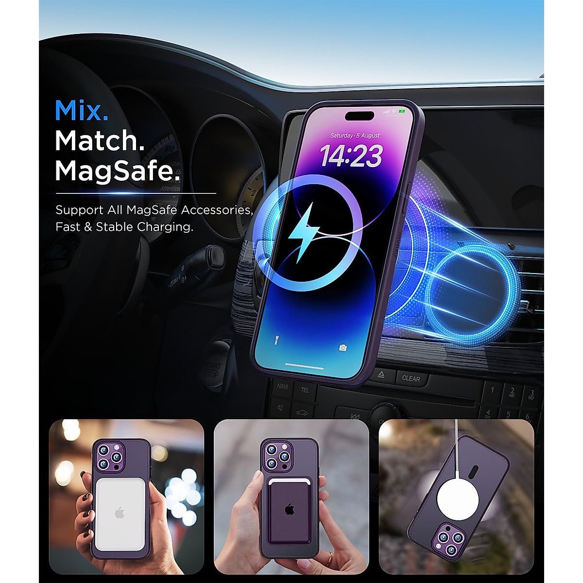 Asukin for iPhone 14 Pro Case, Strong Magnet-Compatible with MagSafe, Shockproof Military-Grade Protection, Slim Mag Safe Thin Bumper Phone Cover 6.1 in for Apple 14pro (Matte Purple)