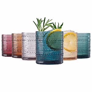 Classic Reusable Plastic Drinking Glasses, Hobnail Design, Shatterproof | 6 Set | Muted Tritan Lowball, Acrylic Unbreakable Beaded Cups, Dishwasher Safe 10oz, Kitchen Cups, BPA-free, Indoor, Outdoor